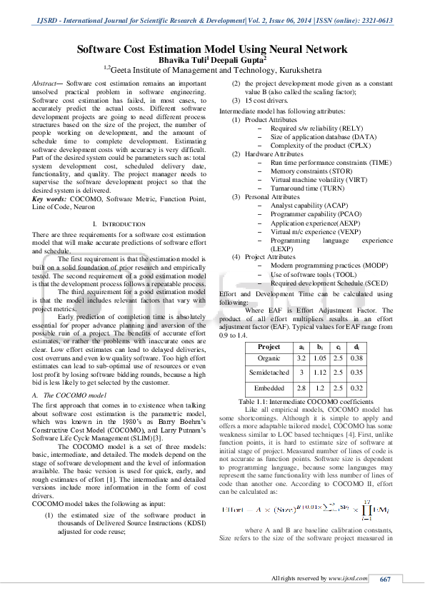 (PDF) Software Cost Estimation Model Using Neural Network