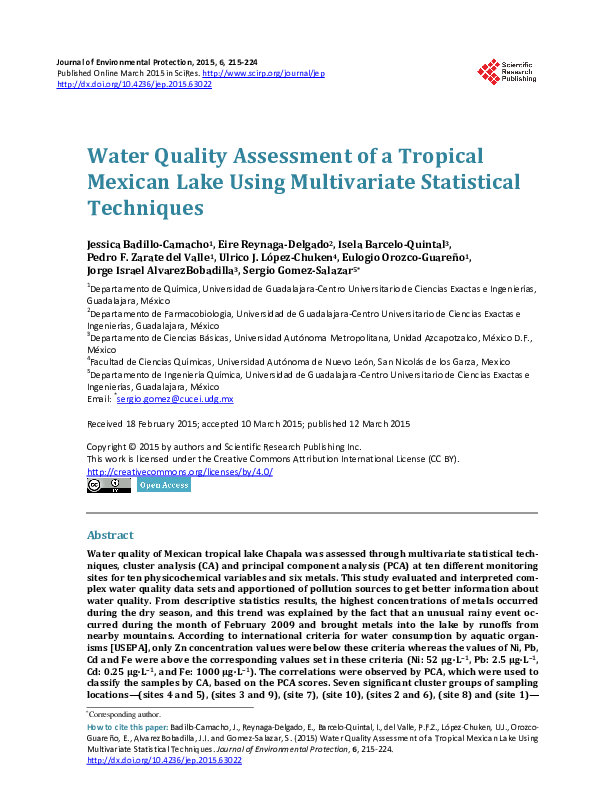 Pdf Water Quality Assessment Of A Tropical Mexican Lake Using Multivariate Statistical Techniques
