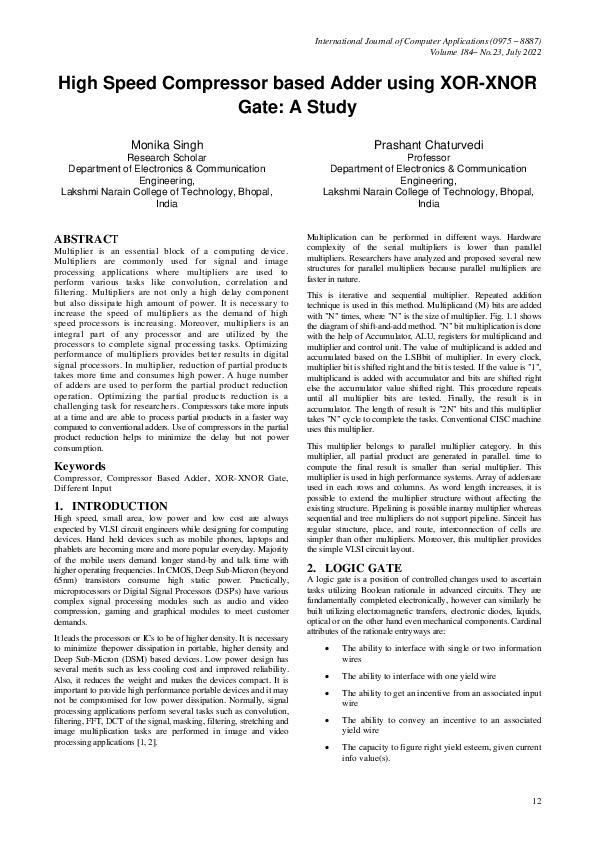(PDF) High Speed Compressor based Adder using XOR-XNOR Gate: A Study