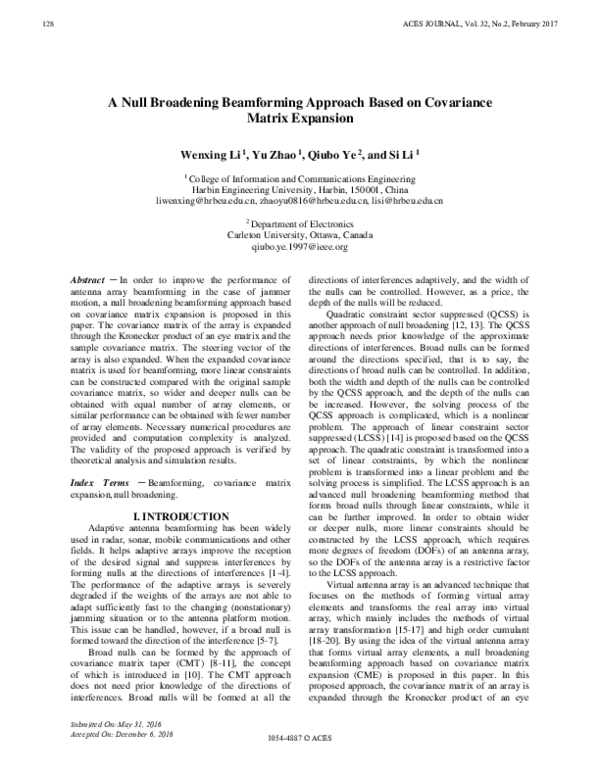 Pdf A Null Broadening Beamforming Approach Based On Covariance Matrix Expansion