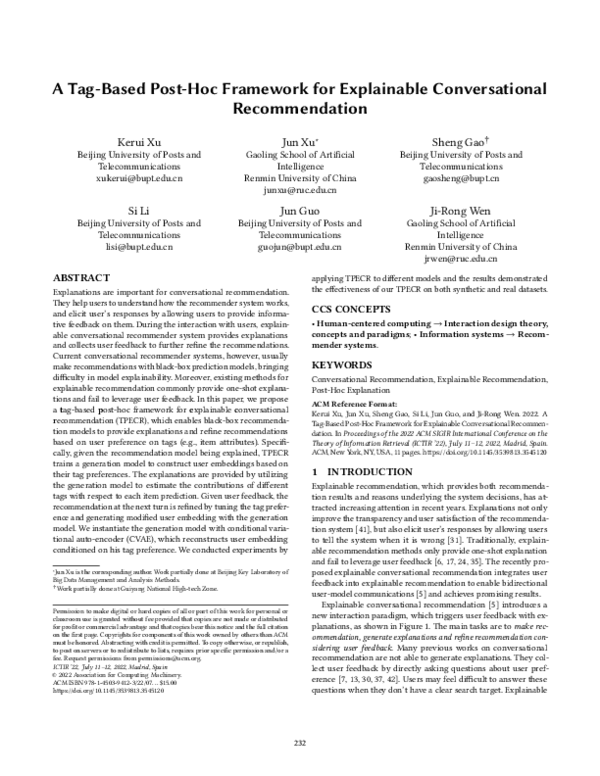 (PDF) A Tag-Based Post-Hoc Framework for Explainable Conversational Recommendation