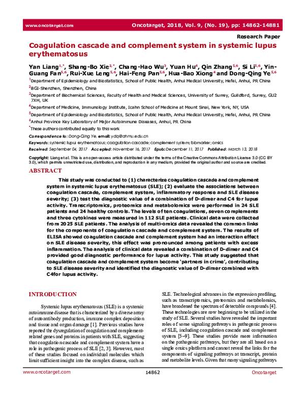 (PDF) Coagulation cascade and complement system in systemic lupus ...