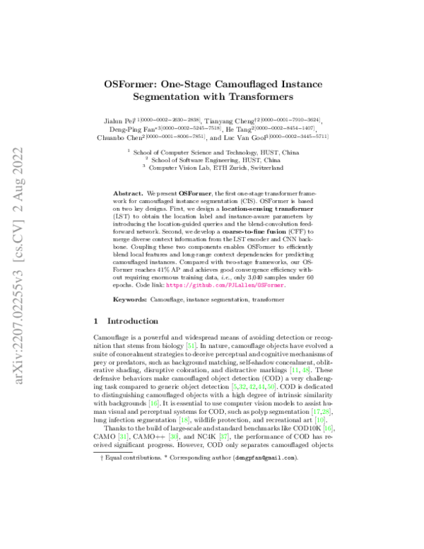 (PDF) OSFormer: One-Stage Camouflaged Instance Segmentation with Transformers