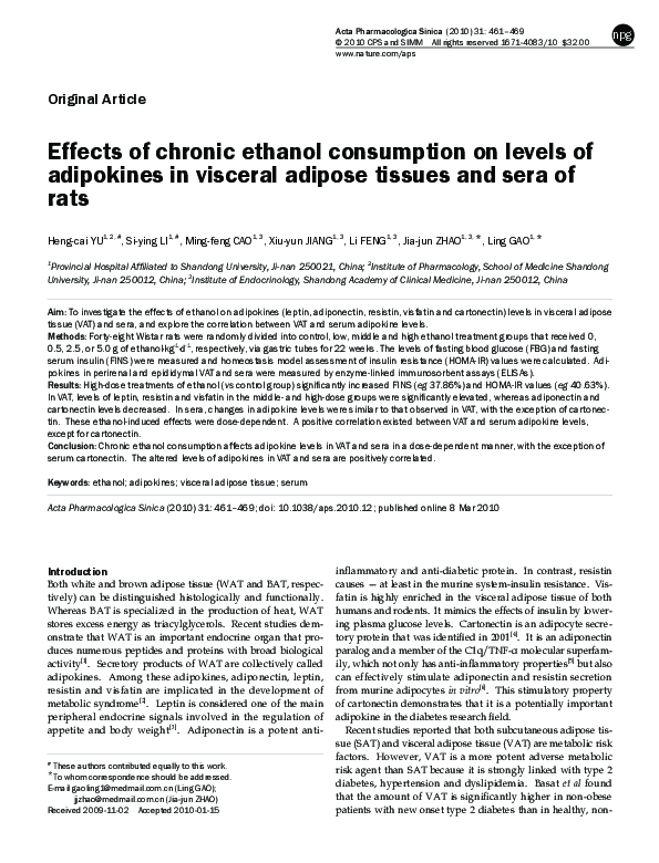 (PDF) Effects of chronic ethanol consumption on levels of adipokines in ...