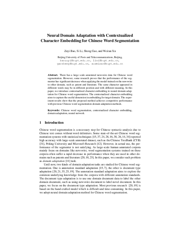Pdf Neural Domain Adaptation With Contextualized Character Embedding For Chinese Word Segmentation