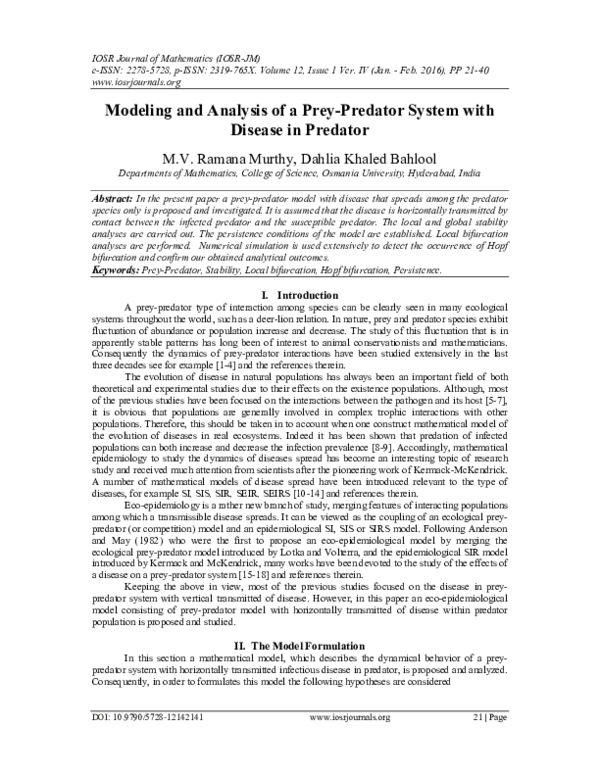 (PDF) Modeling and Analysis of a Prey-Predator System with Disease in Predator