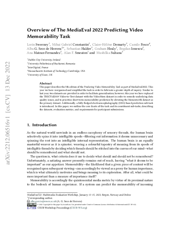 (PDF) Overview of The MediaEval 2022 Predicting Video Memorability Task