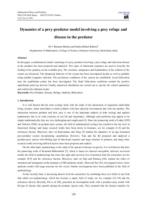 (PDF) Dynamics of a prey-predator model involving a prey refuge and disease in the predator