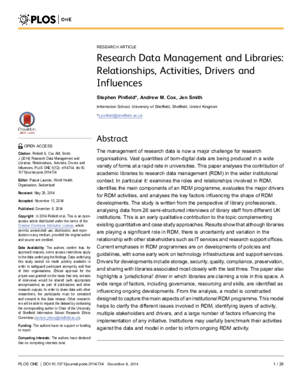 (PDF) Research Data Management and Libraries: Relationships, Activities, Drivers and Influences