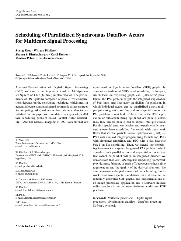 (PDF) Scheduling of Parallelized Synchronous Dataflow Actors for Multicore Signal Processing