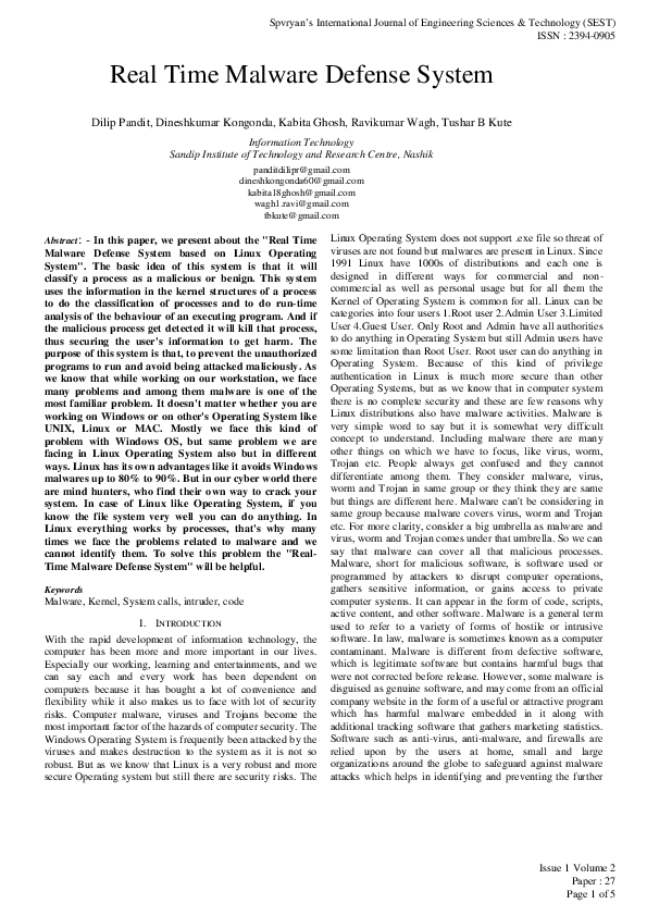 (PDF) Real Time Malware Defense System