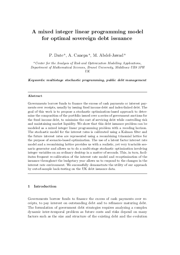 Pdf A Mixed Integer Linear Programming Model For Optimal Sovereign Debt Issuance 4052