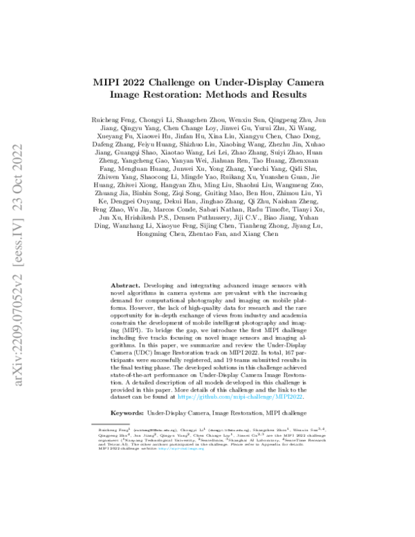 (PDF) MIPI 2022 Challenge on Under-Display Camera Image Restoration: Methods and Results