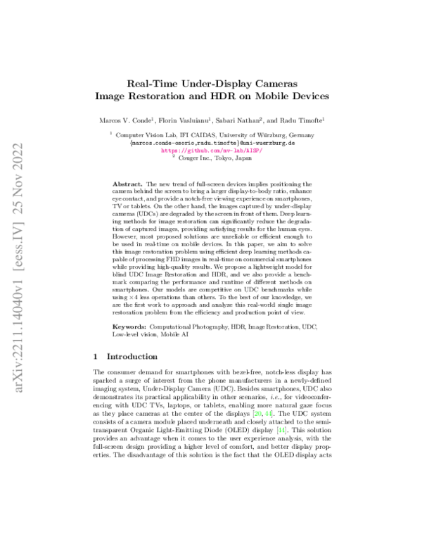 (PDF) Real-Time Under-Display Cameras Image Restoration and HDR on Mobile Devices