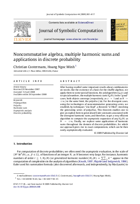 (PDF) Noncommutative algebra, multiple harmonic sums and applications in discrete probability