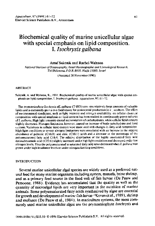 (PDF) Biochemical quality of marine unicellular algae with special ...