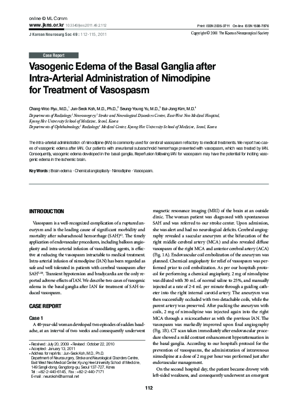 (PDF) Vasogenic edema of the Basal Ganglia after intra-arterial administration of nimodipine for ...