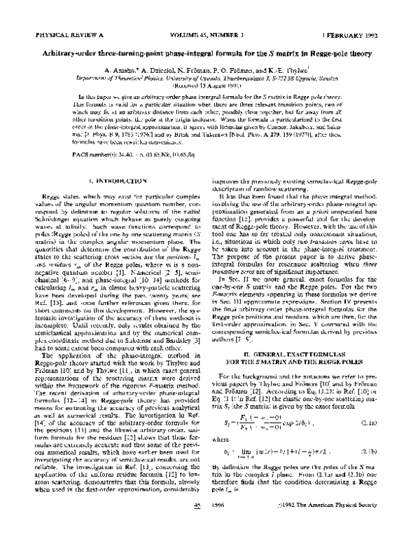 (PDF) Arbitrary-order three-turning-point phase-integral formula for the S matrix in Regge-pole ...