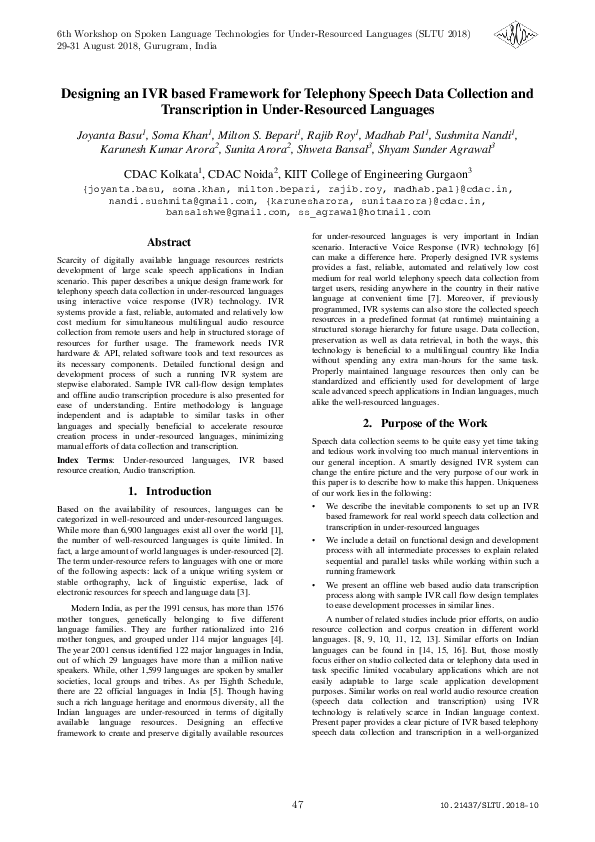 (PDF) Designing an IVR Based Framework for Telephony Speech Data Collection and Transcription in ...