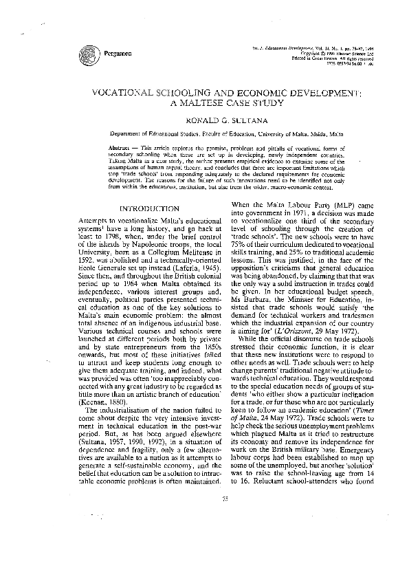 (PDF) Vocational schooling and economic development: A Maltese case study