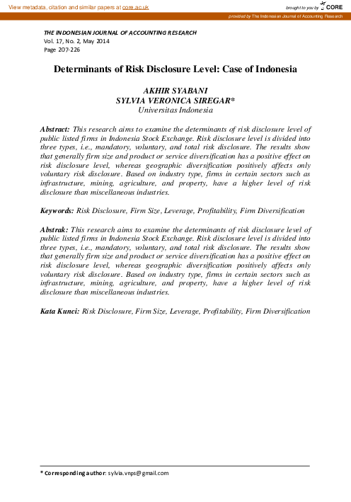 (PDF) Determinants of Risk Disclosure Level: Case of Indonesia