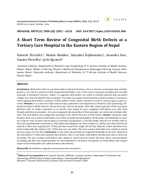 (PDF) A Short Term Review of Congenital Birth Defects at a Tertiary ...