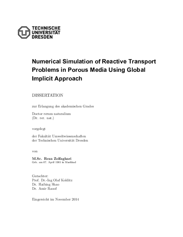 Pdf Numerical Simulation Of Reactive Transport Problems In Porous Media Using Global Implicit