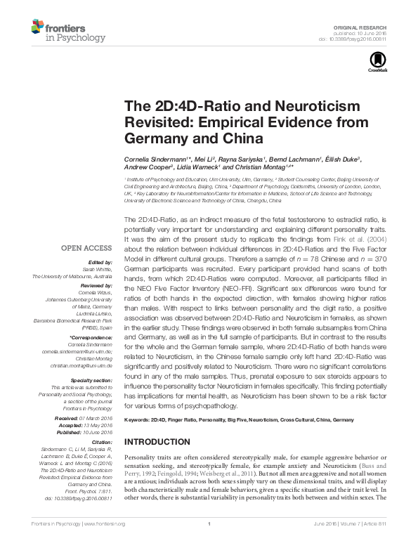(PDF) The 2D:4D-Ratio and Neuroticism Revisited: Empirical Evidence ...