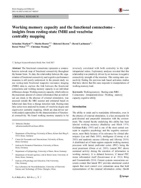 (PDF) Working memory capacity and the functional connectome - insights from resting-state fMRI ...