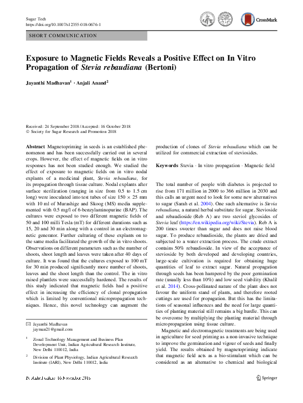 (PDF) Exposure to Magnetic Fields Reveals a Positive Effect on In Vitro Propagation of Stevia ...