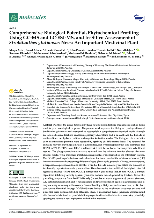 (PDF) Comprehensive Biological Potential, Phytochemical Profiling Using GC-MS and LC-ESI-MS, and ...