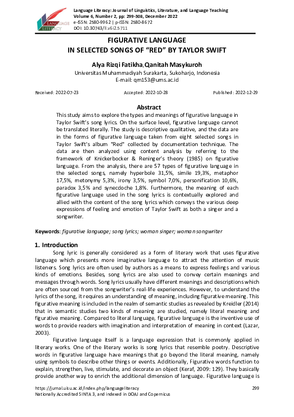 (PDF) Figurative Language in Selected Songs of “Red” by Taylor Swift