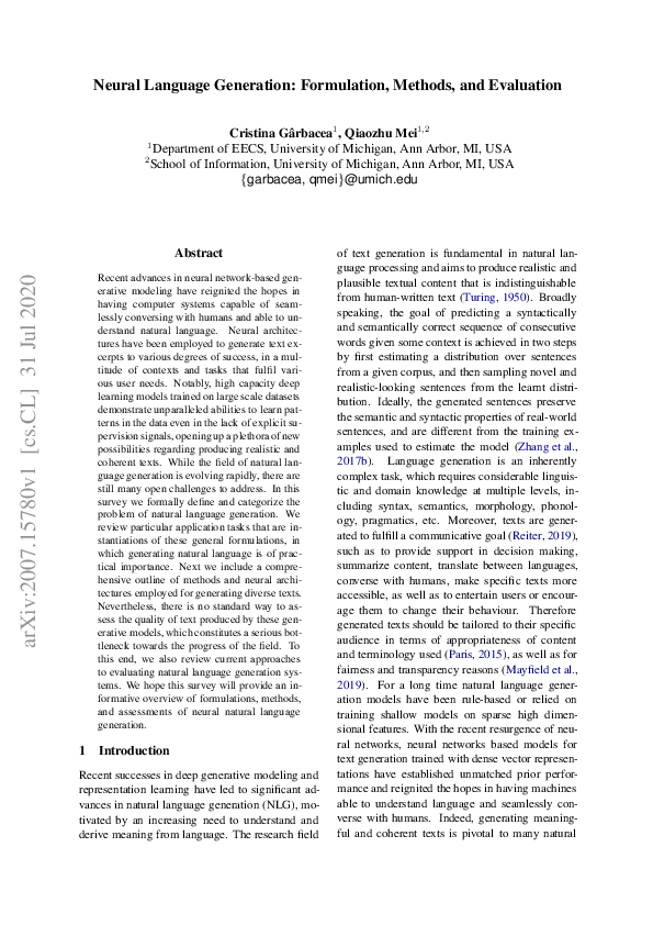 Pdf Neural Language Generation Formulation Methods And Evaluation