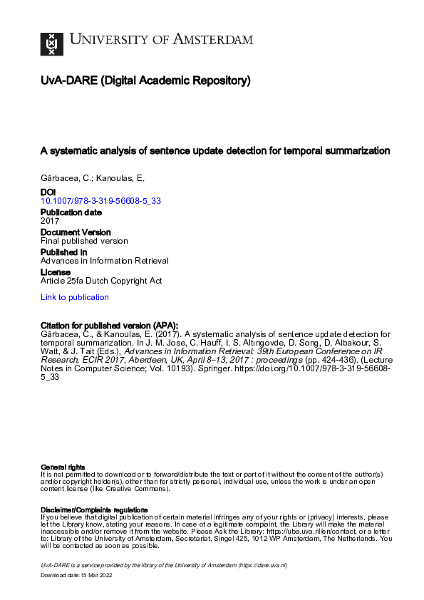 Pdf A Systematic Analysis Of Sentence Update Detection For Temporal Summarization