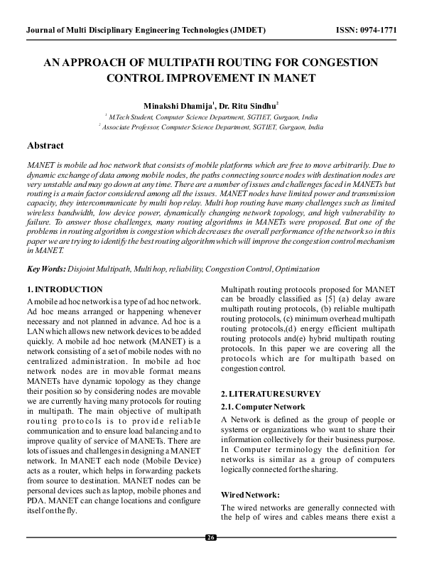 (PDF) An Approach Of Multipath Routing For Congestion Control Improvement In Manet