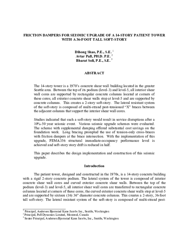 (PDF) Friction Dampers for Seismic Upgrade of a 14-STORY Patient Tower ...