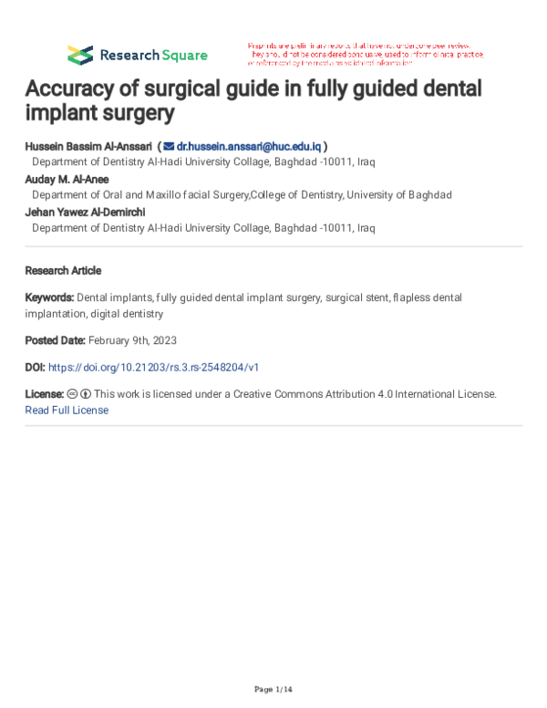 (PDF) Accuracy of surgical guide in fully guided dental implant surgery
