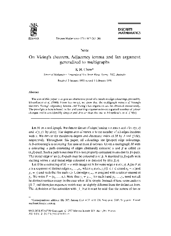 (PDF) On Vizing's theorem, adjacency lemma and fan argument generalized to multigraphs