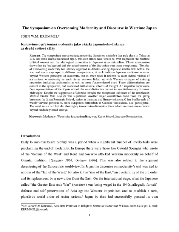 (DOC) The Symposium on Overcoming Modernity and Discourse in Wartime Japan
