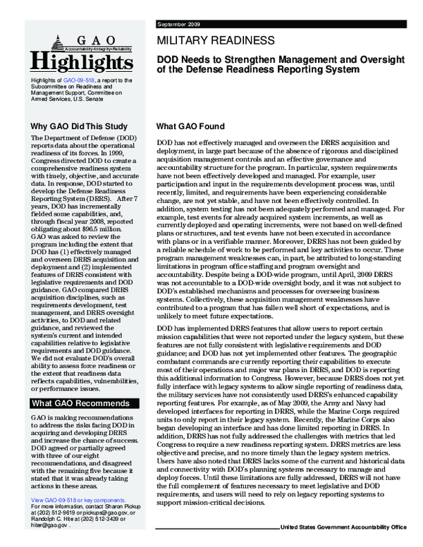 (PDF) Military Readiness: DoD Needs to Strengthen Management and ...