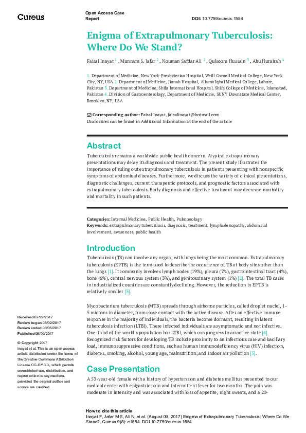 (PDF) Enigma of Extrapulmonary Tuberculosis: Where Do We Stand?