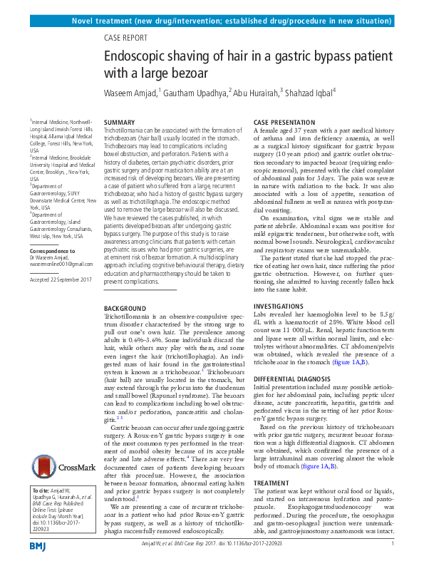 (PDF) Endoscopic shaving of hair in a gastric bypass patient with a ...