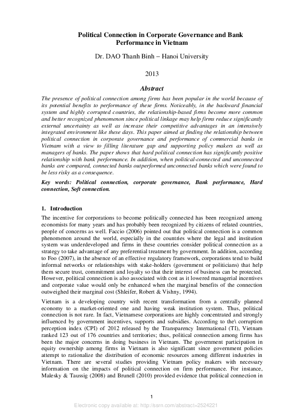(PDF) Political Connection in Corporate Governance and Bank Performance ...