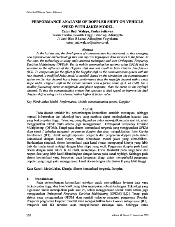 Pdf Performance Analysis Of Doppler Shift On Vehicle Speed With Jakes Model Paulus Setiawan