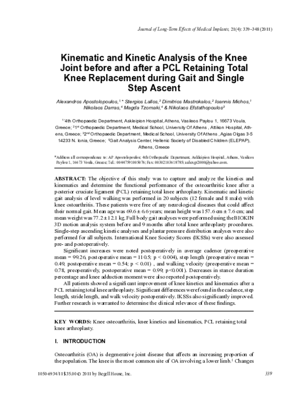 (PDF) Kinematic and Kinetic Analysis of the Knee Joint before and after ...