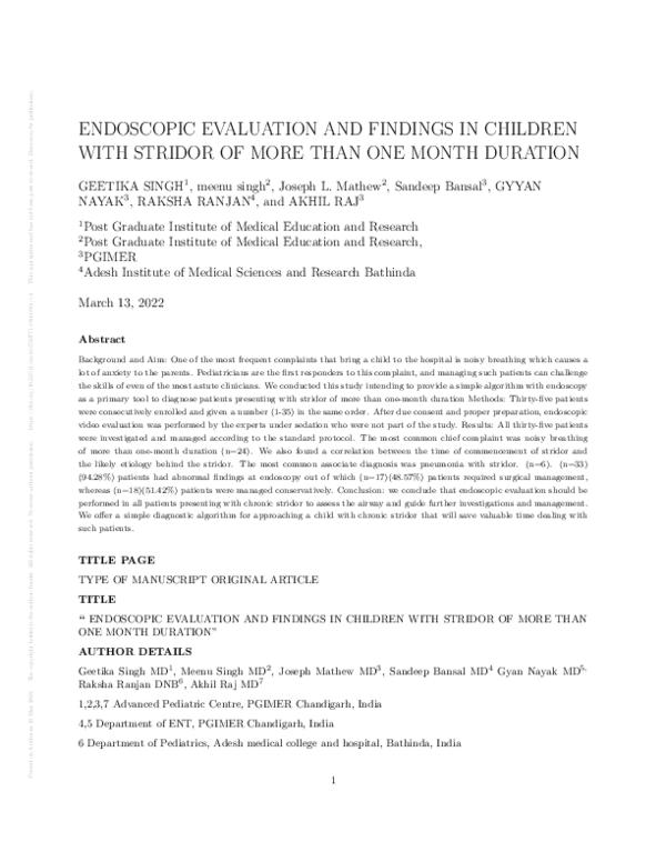 (PDF) Endoscopic Evaluation and Findings in Children with Stridor of ...