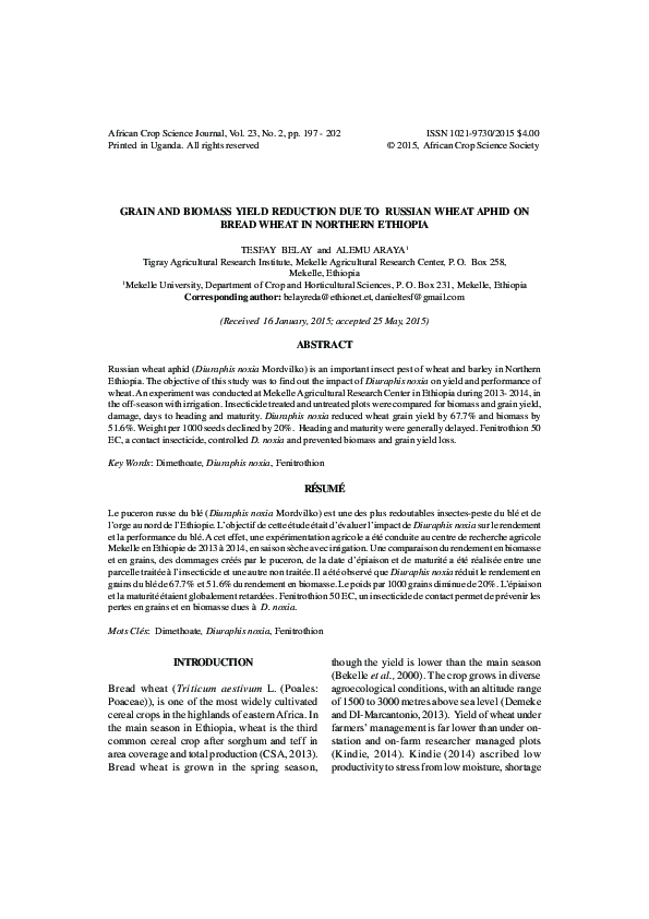 (PDF) Grain and Biomass Yield Reduction by the Russian Wheat Aphid on ...