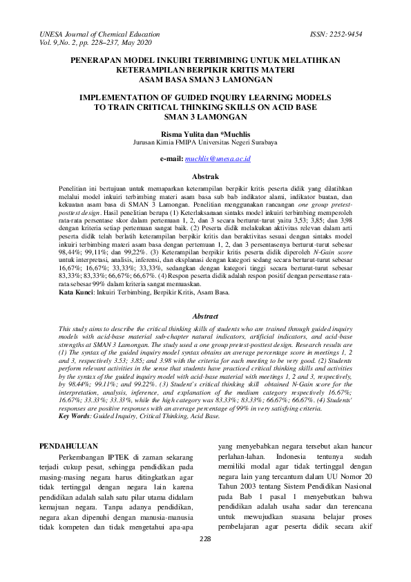 (PDF) Penerapan Model Pembelajaran Inkuiri Terbimbing Untuk Melatihkan Keterampilan Berpikir ...
