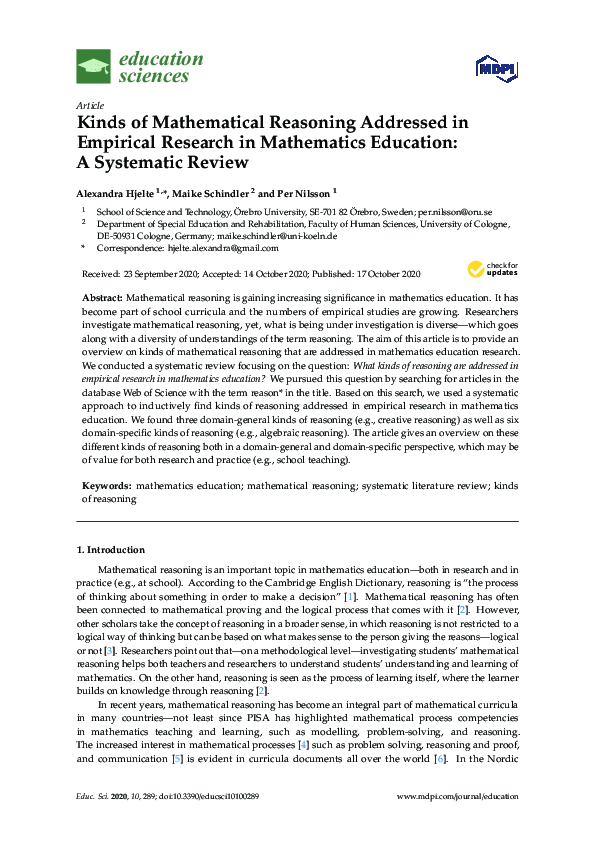 (PDF) Kinds of Mathematical Reasoning Addressed in Empirical Research ...