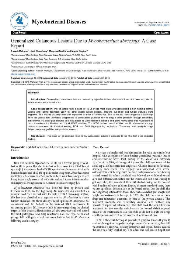 (PDF) Generalized Cutaneous Lesions Due to Mycobacterium abscessus: A ...